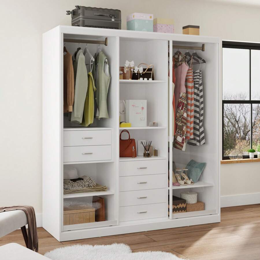 Extra Large Armoire Wardrobe Closet With 2 Sliding Glass Doors, Wooden ...