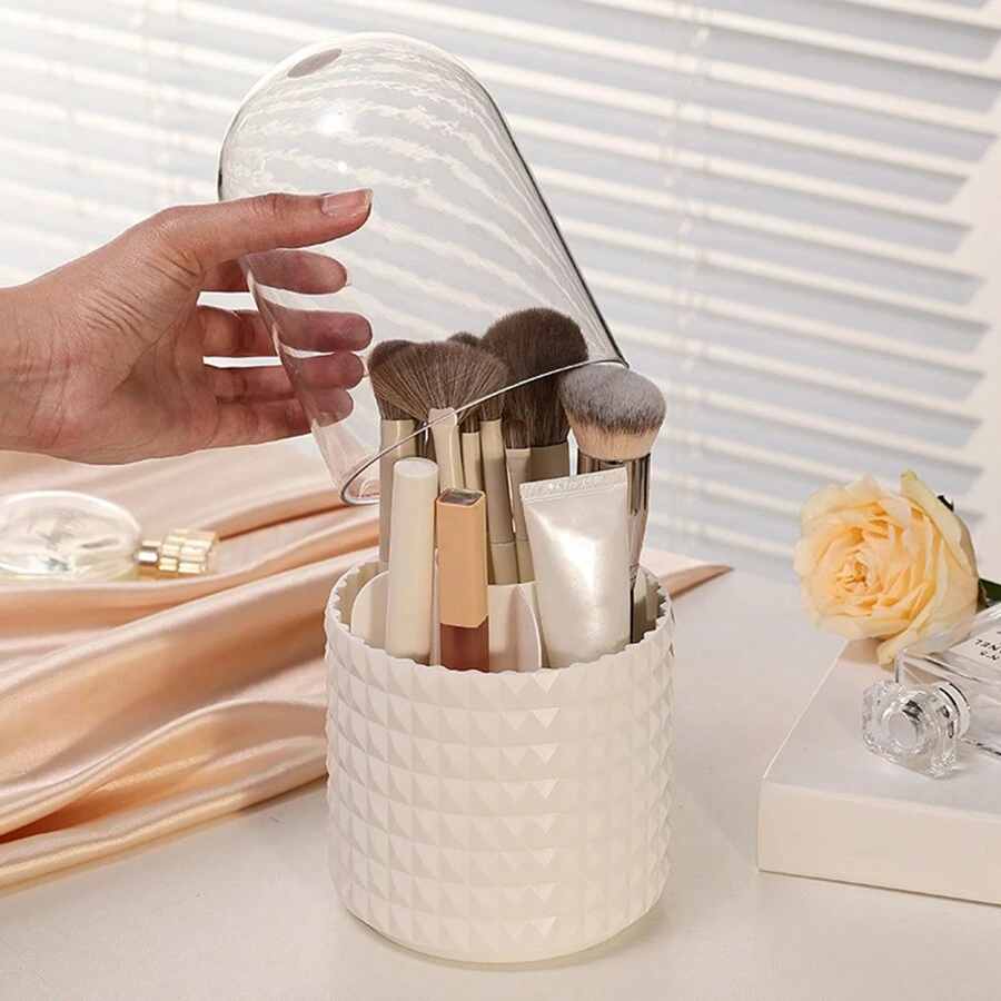 One White Makeup Organizer Box With Rotating Dustproof Makeup Brush ...