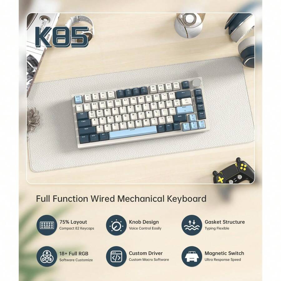 MAGIC-REFINER Teclado mecánico K85 con conmutadores magnéticos, activación rápida, controlador ...