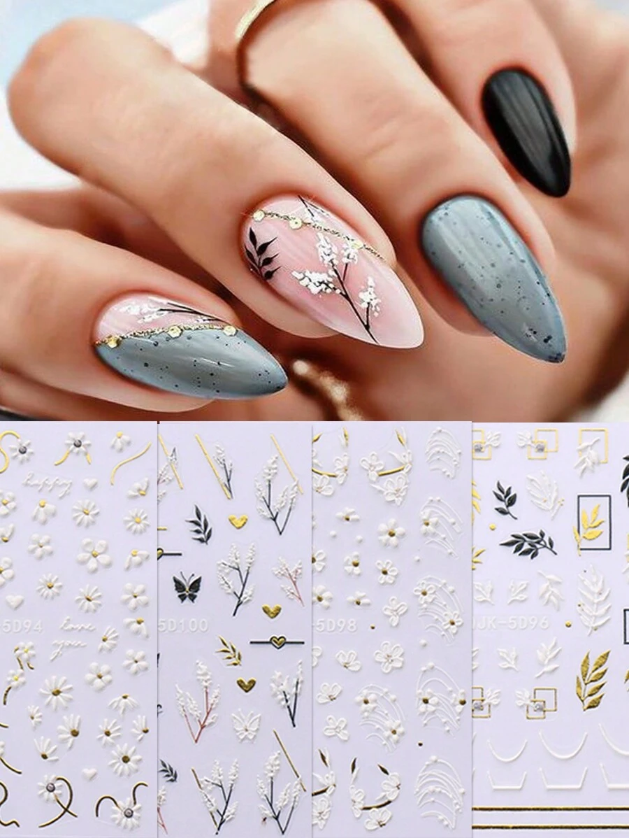 4 5D Präglad Nagelkonst Klistermärken Med Blommor , Gräs , Fjärilar ...