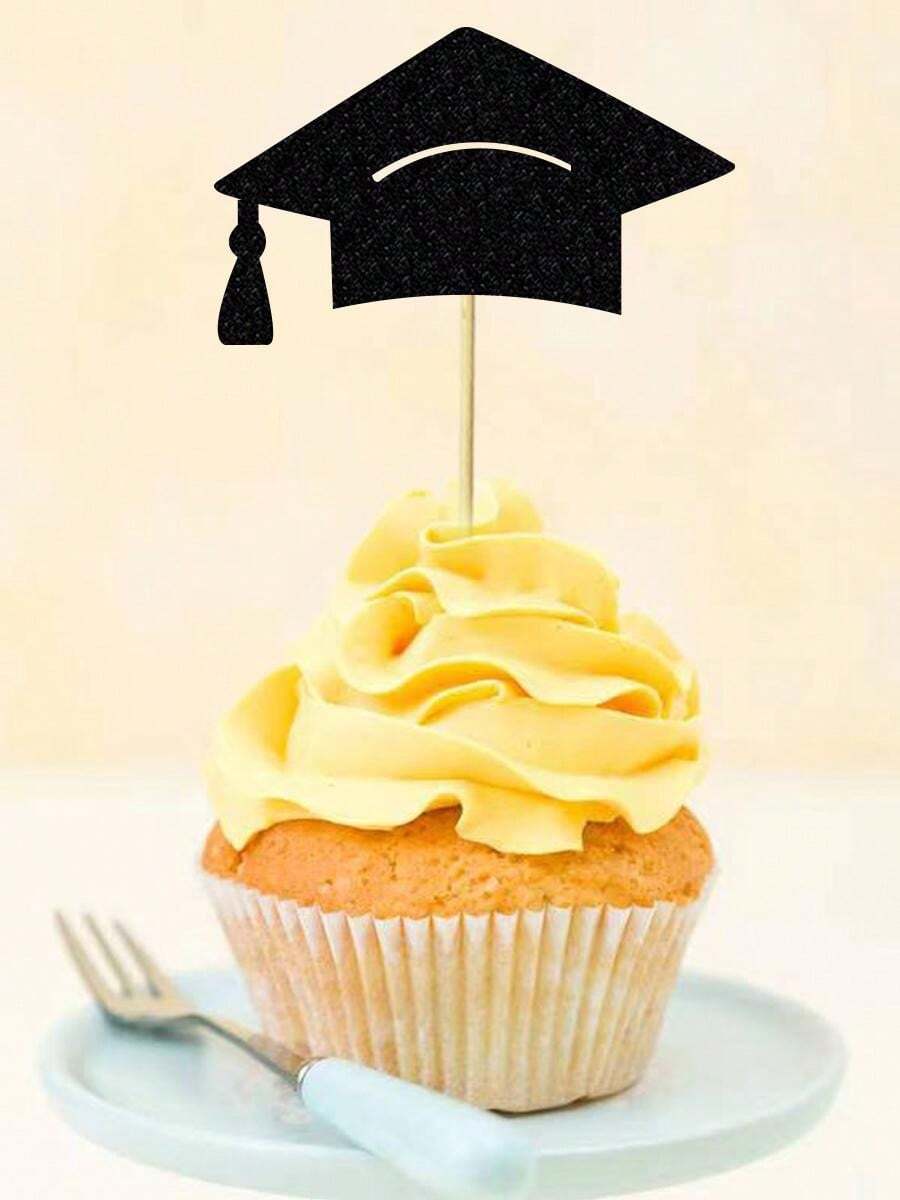 12pcs Black Graduation Cap Paper Cake Toppers, Congratulation 2024 ...