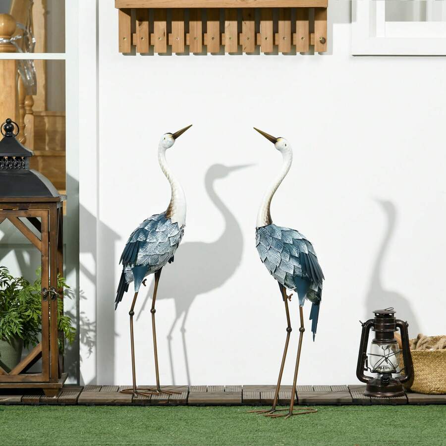 Outsunny 2pc Crane Garden Statues, Metal Yard Art Bird Sculptures, Blue ...