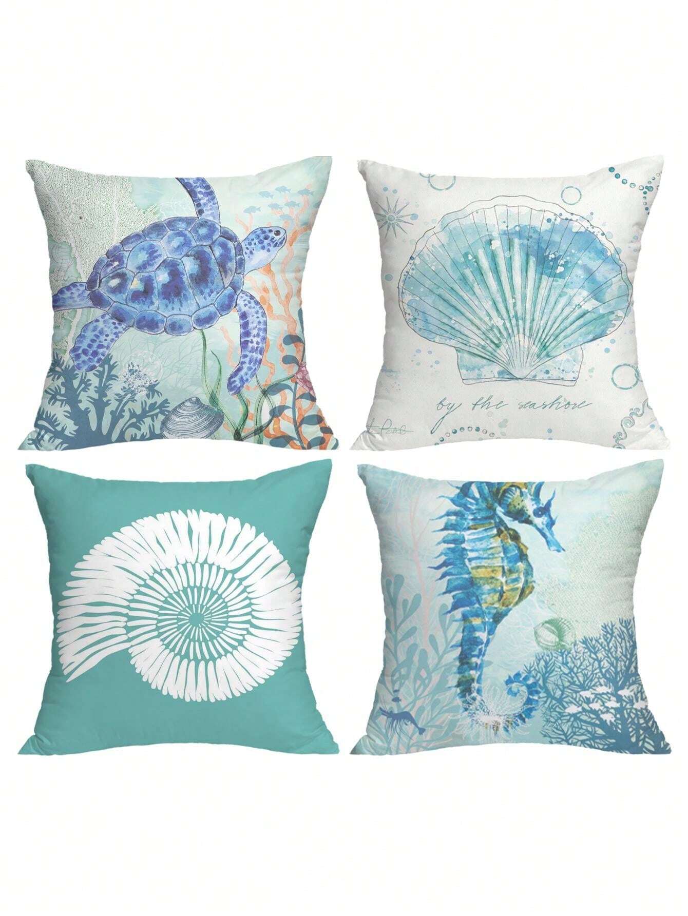 4PCS Watercolor Ocean Creatures Pattern Pillowcases, Modern Simple ...