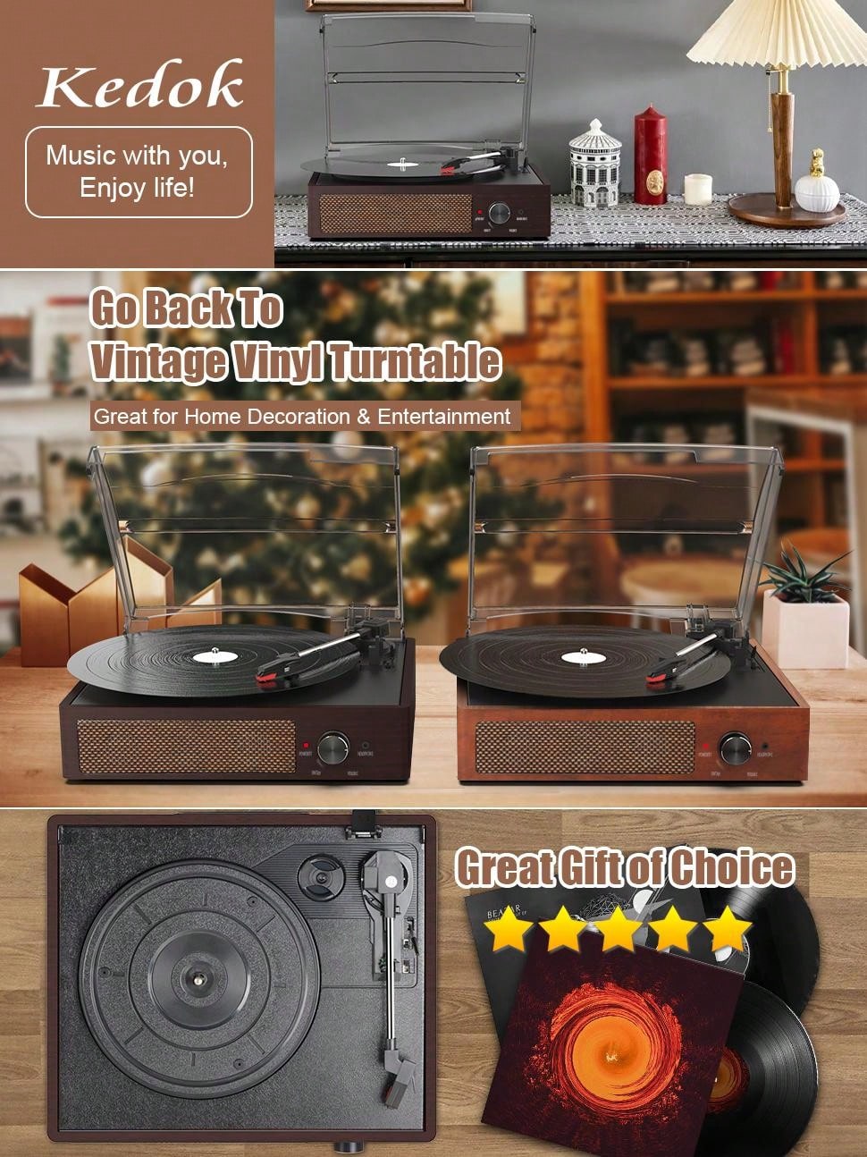 Mersoco Vinyl Record Player Bluetooth Belt-Driven 3-Speed Turntable ...