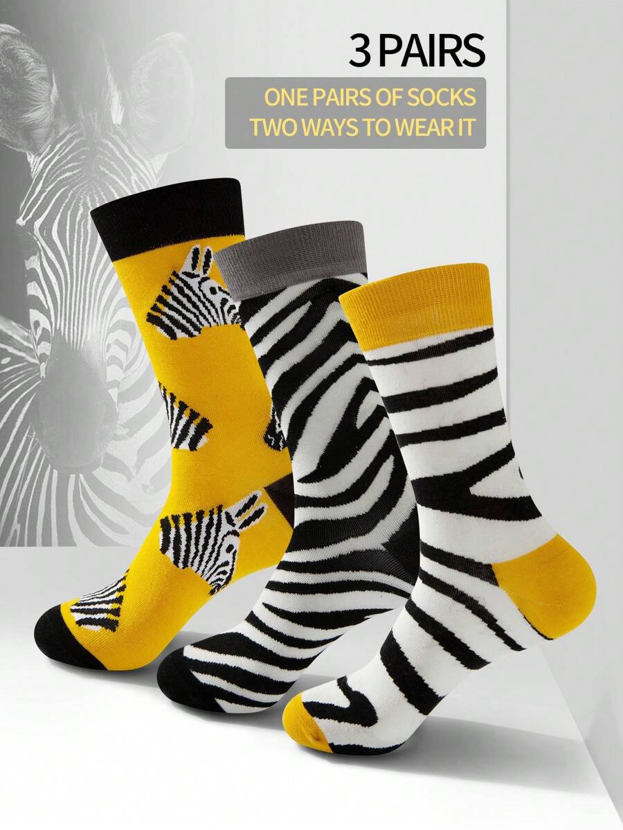3 Pairs Men\ Mid-Calf Zebra Stripe Socks; Can Be Worn In Two Different ...