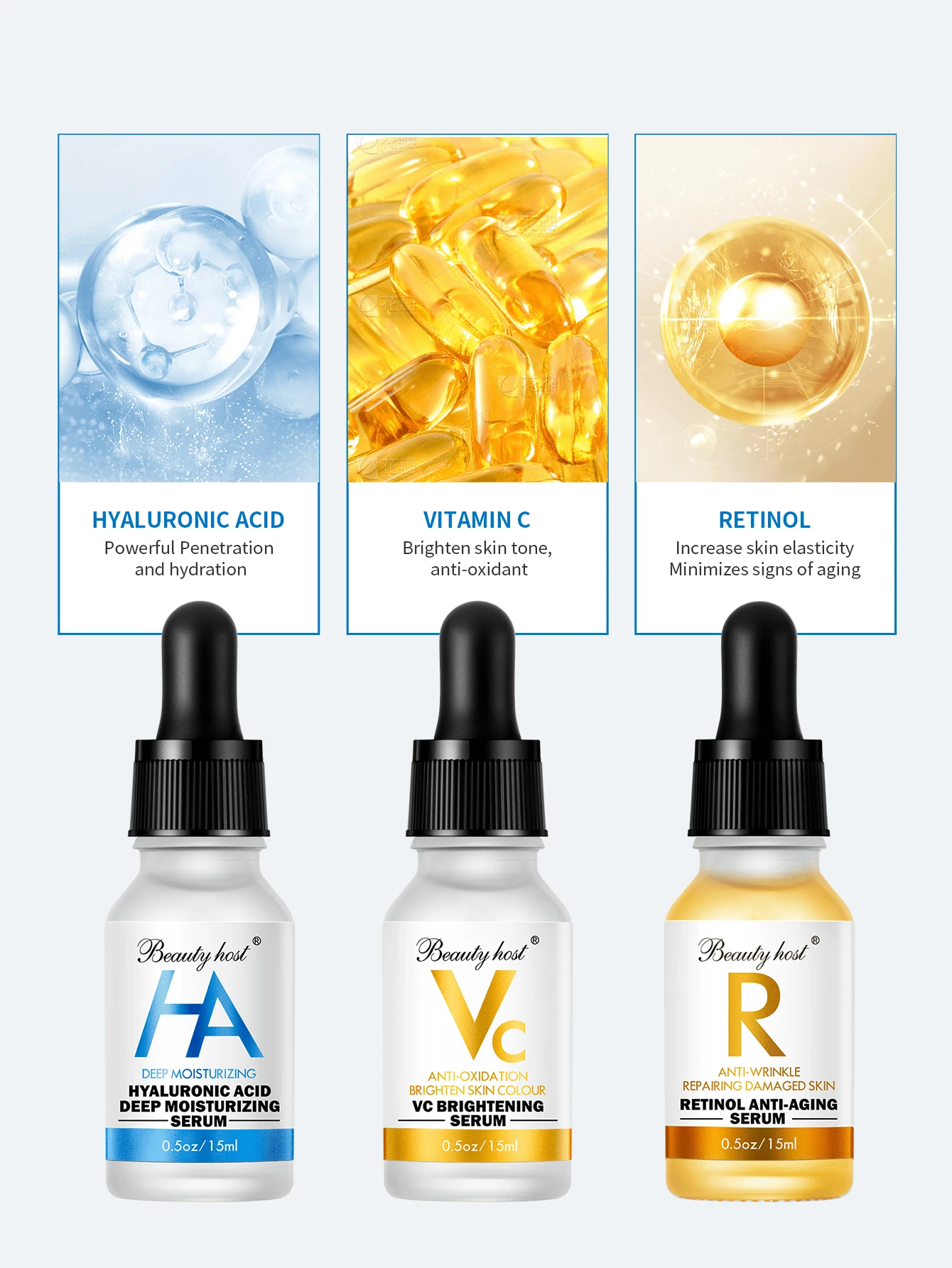 3-Piece Face Serum Set, Hyaluronic Acid Serum & Vitamin C Serum & Retinol Serum, Prevent ...