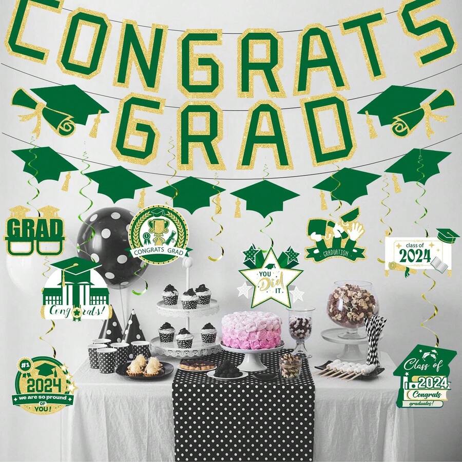Graduation Decorations Class Of 2024 Green And Gold Graduation Banner ...