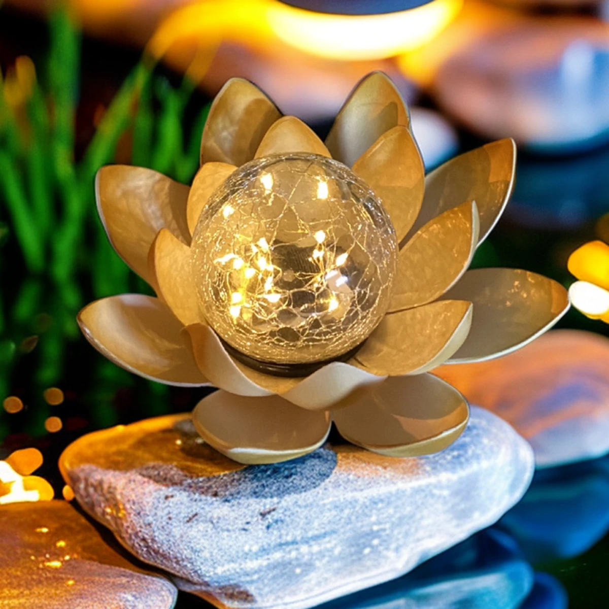 One Universal Size Lotus Flower Solar Outdoor Light With Cracked ...
