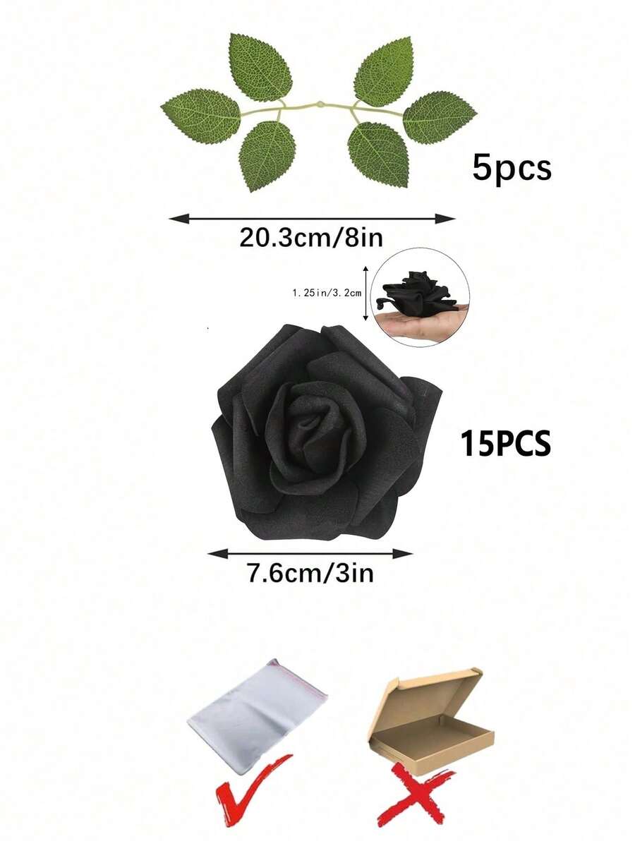 15pcs Artificial Rose Flower Heads,With 5 Leaves For DIY Wedding Baby ...