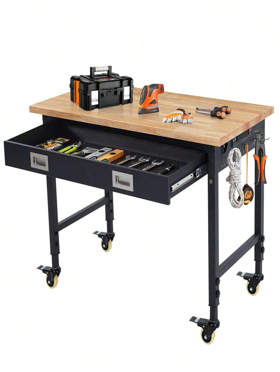 Adjustable Workbench For Garage, 60" X 20" Heavy-Duty Rubber Wood Shop ...