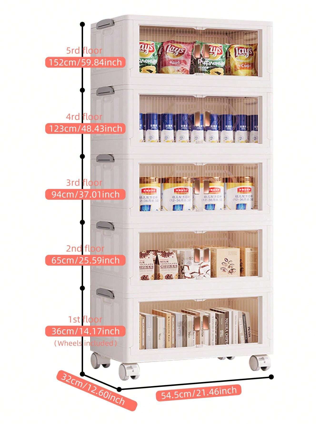 5-Layer Plastic Storage Box With Lid, Stackable And With Wheels, White ...