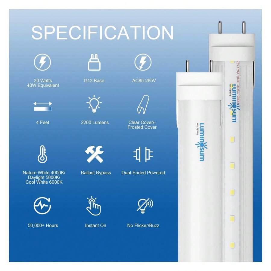 LED T8 Light Tube 4 Foot 20W 40W Equivalent Dual-Ended Powered G13 Clear Cover Daylight 5500 ...