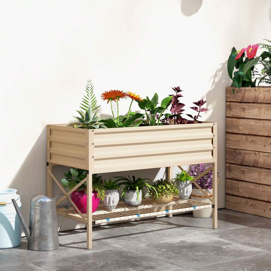 Outsunny Galvanized Raised Garden Bed With Legs And Storage Shelf ...