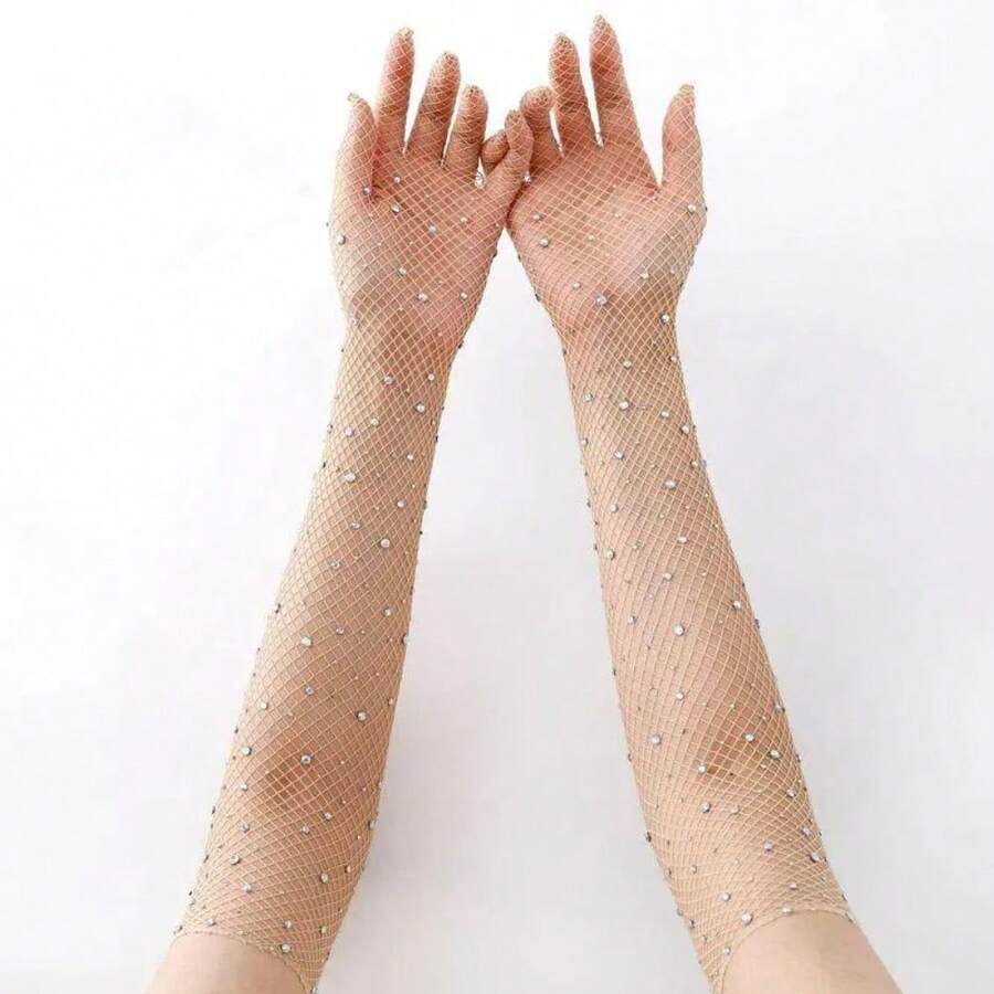 1 Pair Women Beige Rhinestone Mesh Long Arm Gloves Glowing Gloves For ...