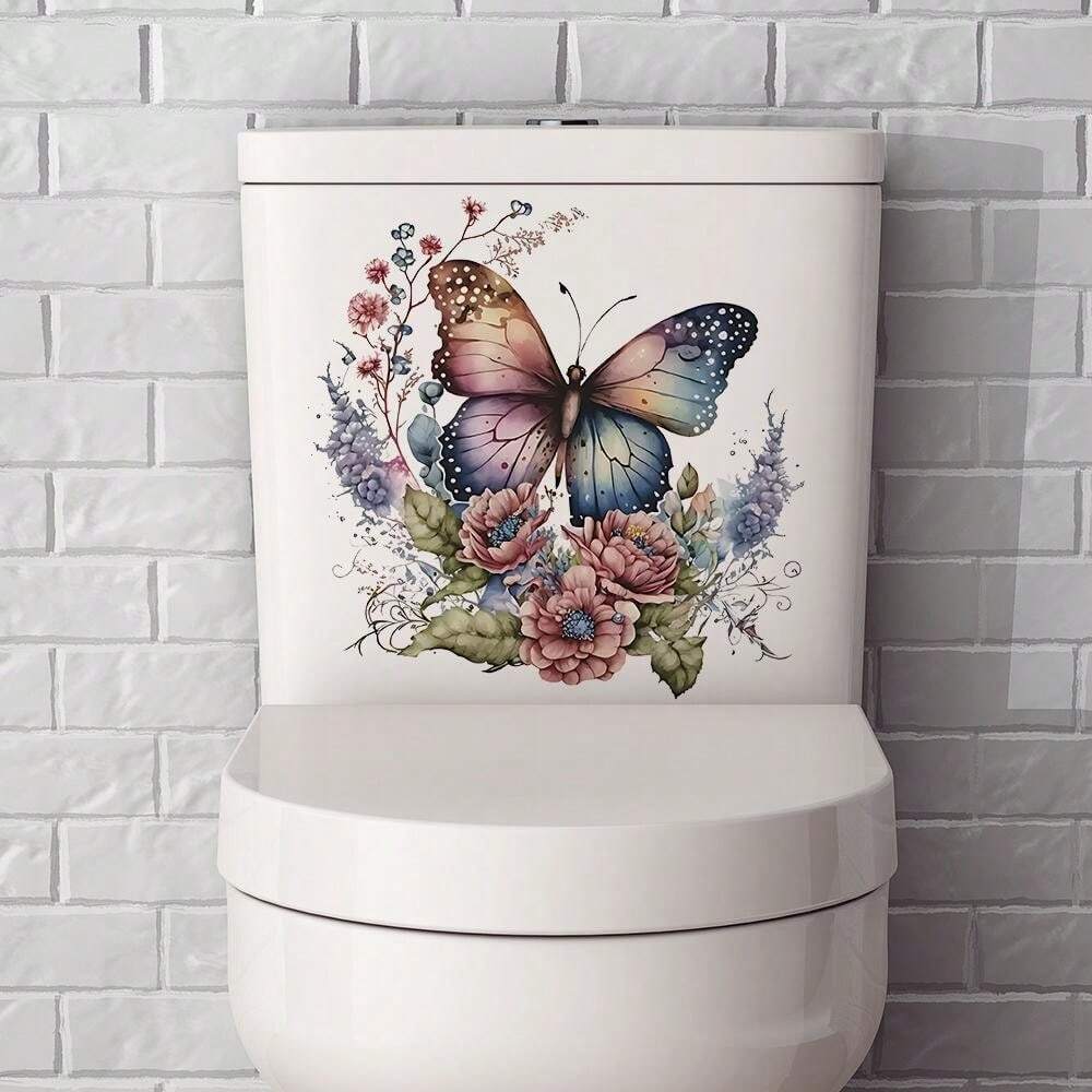 1pc Butterfly & Flower Printed Toilet Decal, Fashionable Bathroom ...