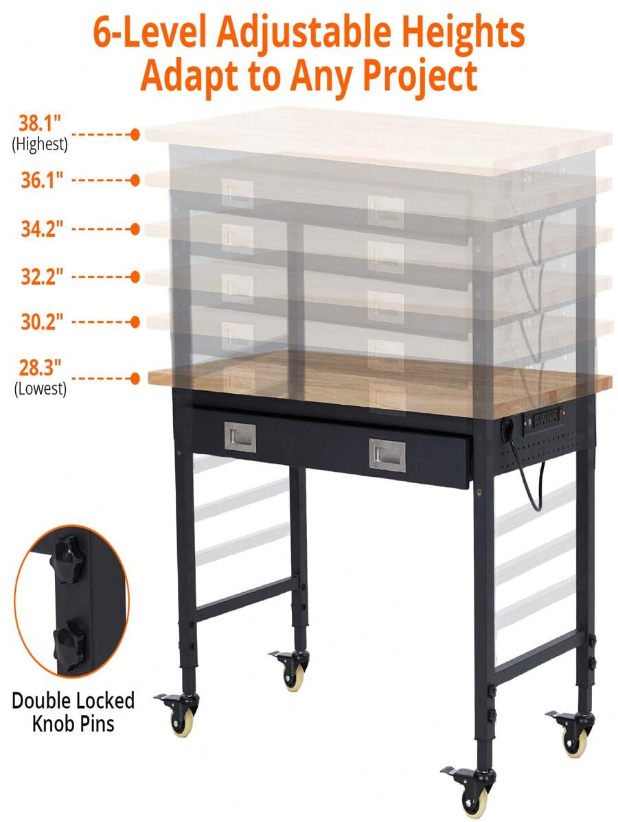Adjustable Workbench For Garage, 60" X 20" Heavy-Duty Rubber Wood Shop ...