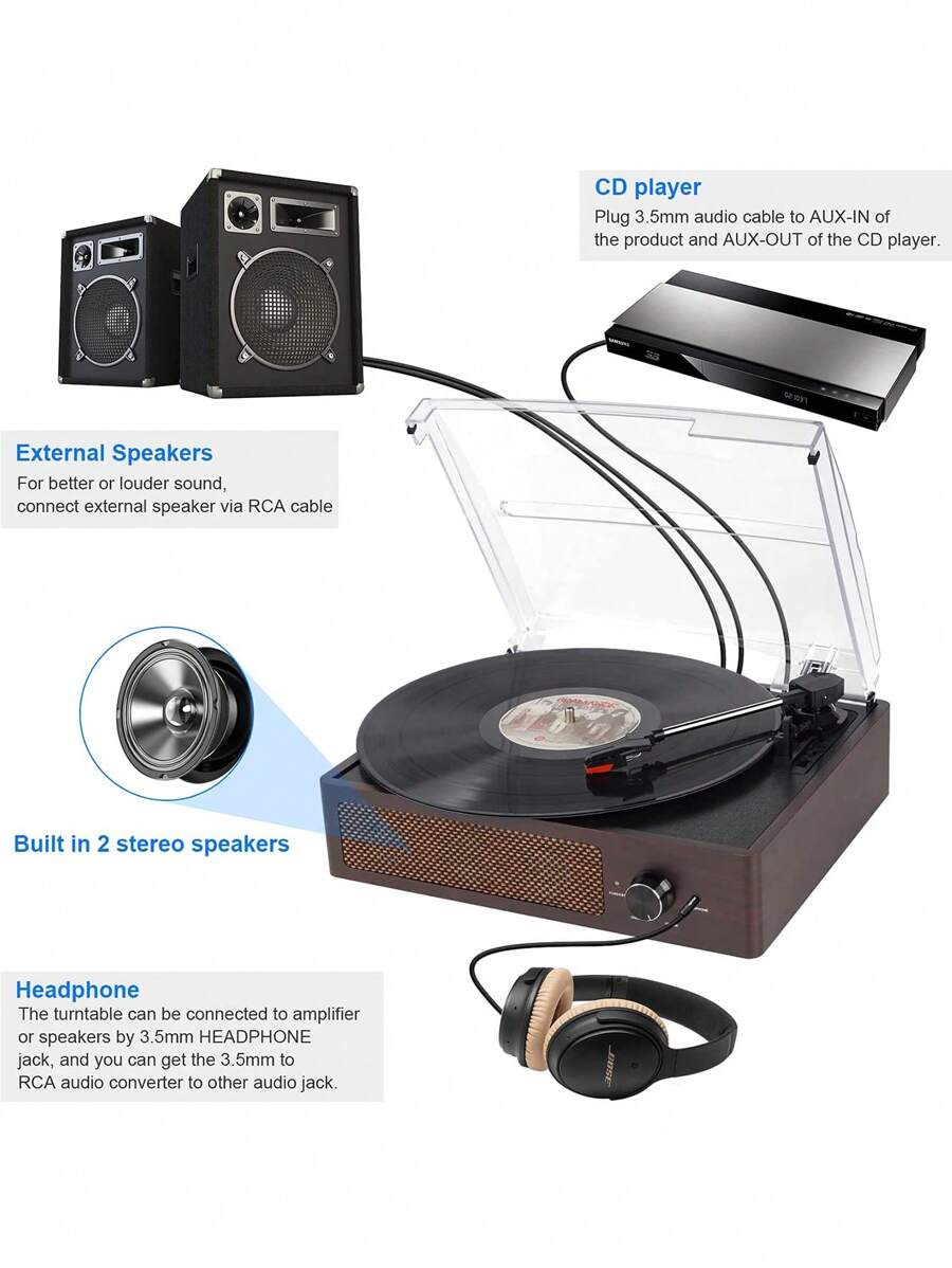 Mersoco Vinyl Record Player Bluetooth Belt-Driven 3-Speed Turntable, Vintage Retro Record ...