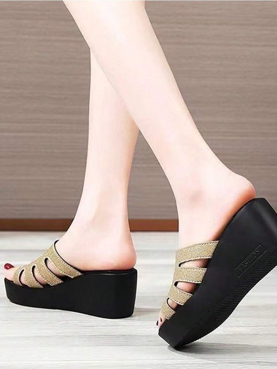 Women Wedge Heel Platform Slides Simple Black Platform Wedge Sandals ...