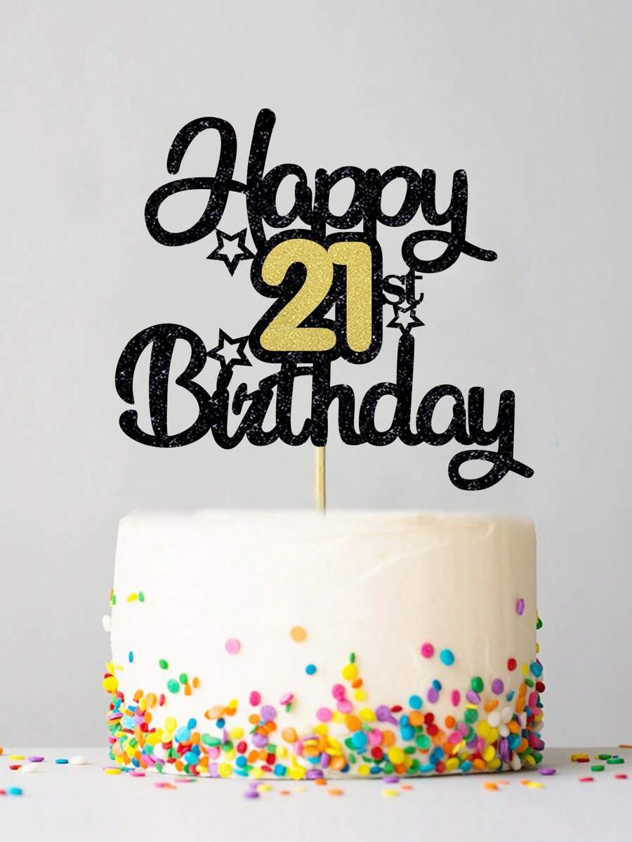 1pc Happy 21st Birthday Cake Topper Black Gold Glitter Cheers To 21 ...