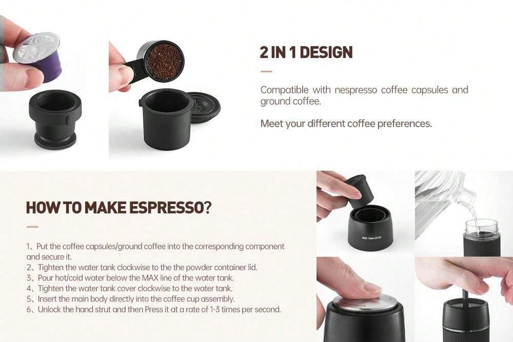 Travel-Friendly Hand-Press Espresso & Coffee Machine - 2-In-1 Capsule ...