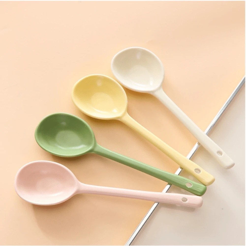 4 Cream Style Ceramic Long Handle Spoons, Suitable For Lamian Noodles ...