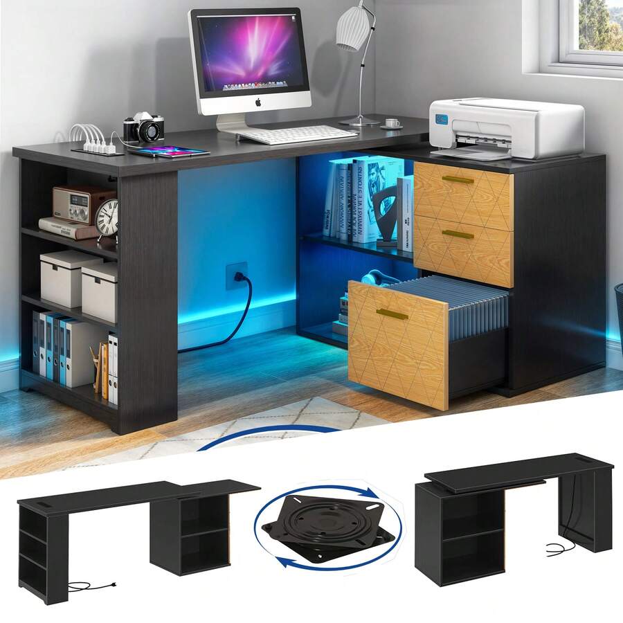 360 Rotating L Shaped Desk With Drawers & Bookshelf, 59" Computer Desk ...