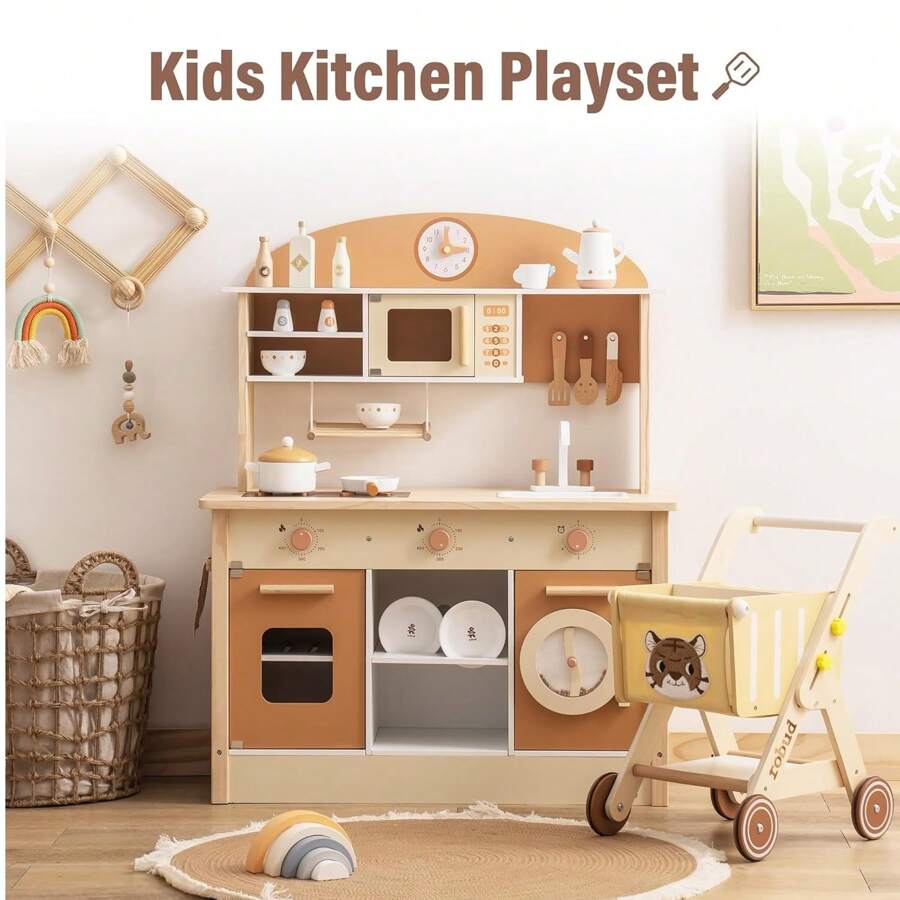 Robotime Modern Wooden Play Kitchen For Kids Toddlers Kids Kitchen ...