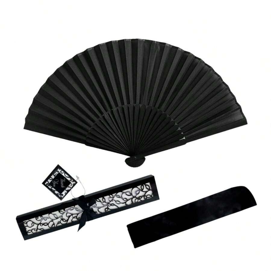 1pc Black Folding Fan With Black Silk Cloth And Fan Bag - Chinese Style ...