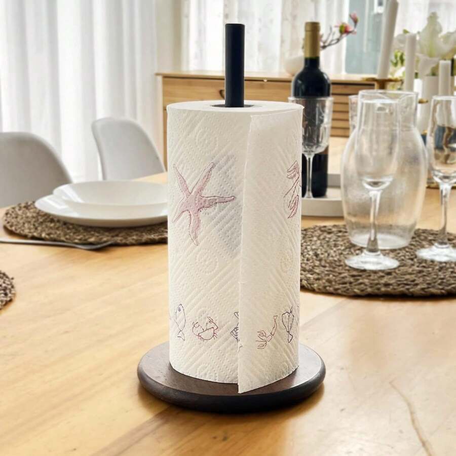 Black Kitchen Roll Paper Holder With Delicate Wooden Base, Countertop ...