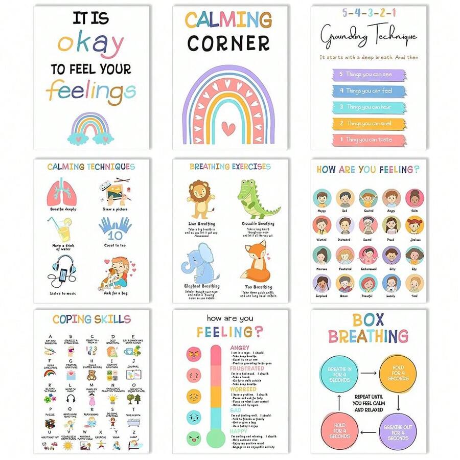 9pcs Frameless, Calm Down Corner Feelings Chart For Teenager, Mental ...