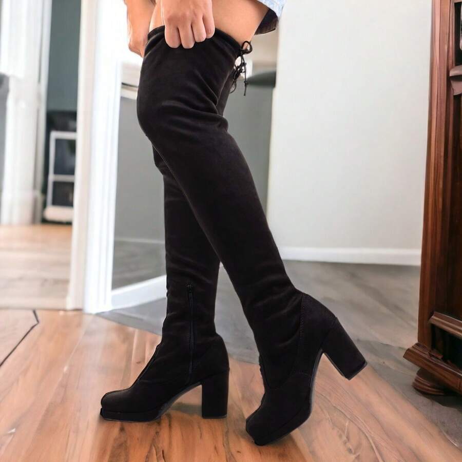 Bota Over The Knee Feminina Plataforma Salto Meia Pata Preta | SHEIN Brasil