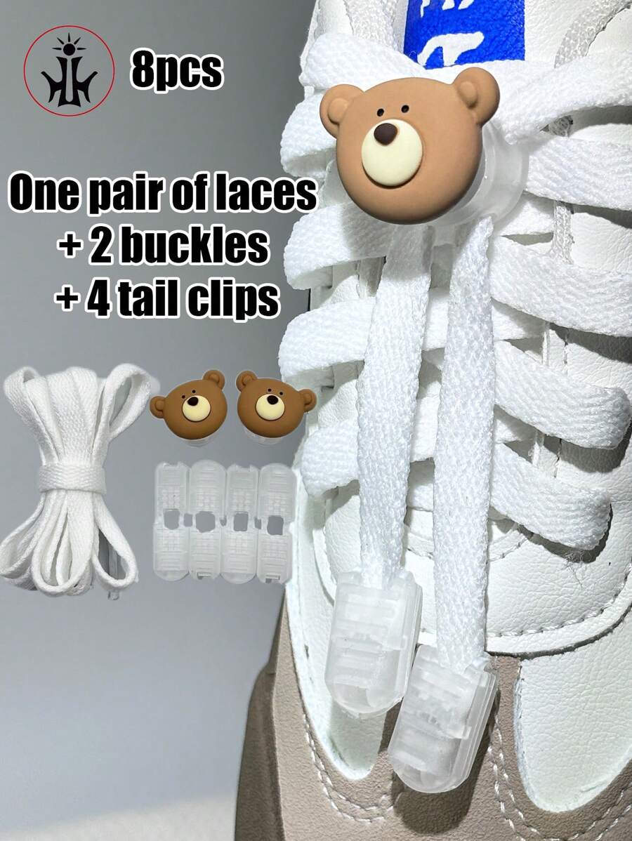 8pcs/Bag Cute Brown Bear Head Slouchy Shoelace Buckles - No Tie Elastic ...