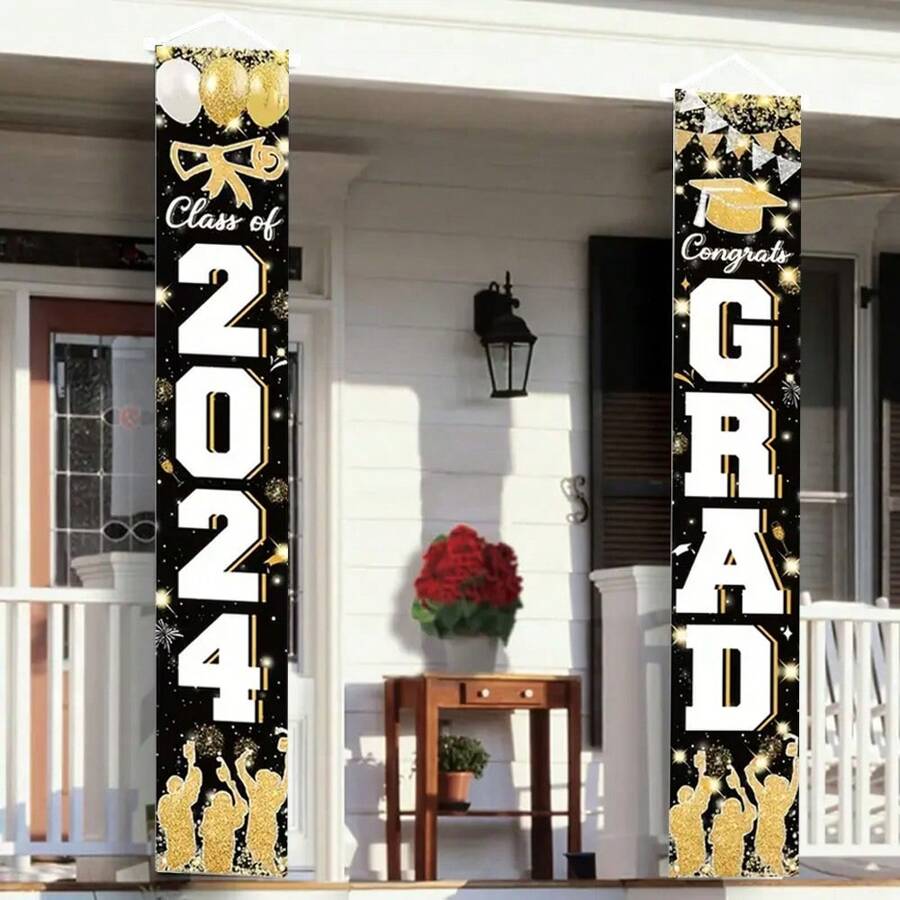2PC Black & Gold Graduation Porch Party Decor Congratulations Grad ...