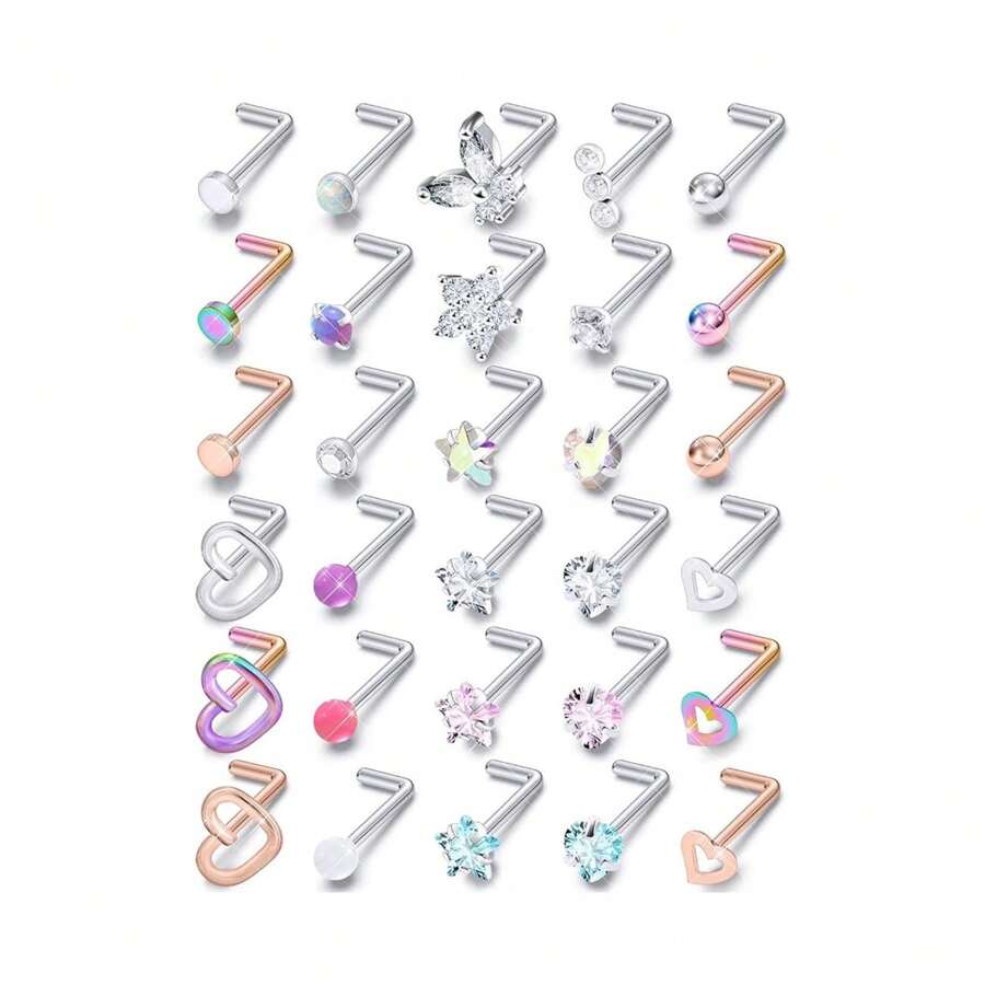 Surgical Steel Nose Ring Earring With Heart Shaped CZ Stone, Flower ...