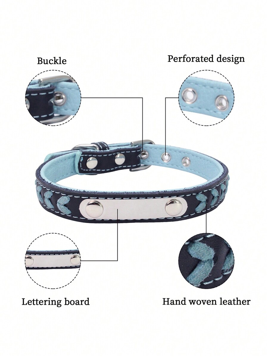 1pc Personalized Customized Light Blue Leather Dog Collar, Woven ...