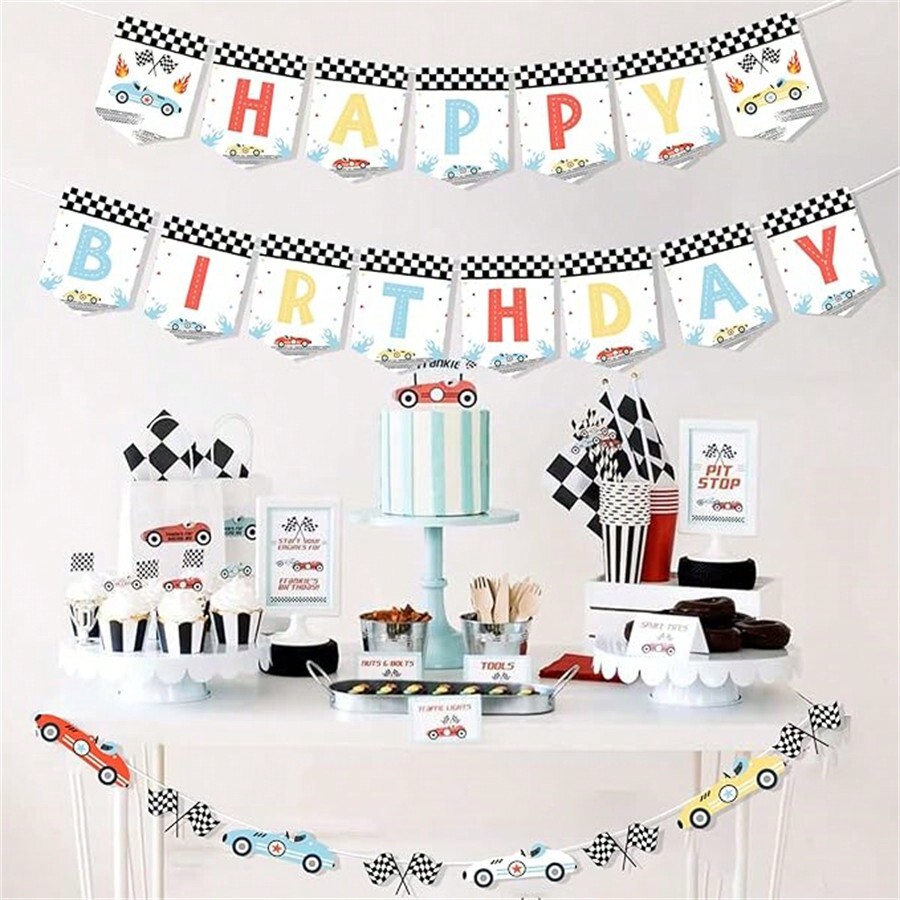 2Pcs Vintage Race Car Birthday Decorations - Happy Birthday Banner ...