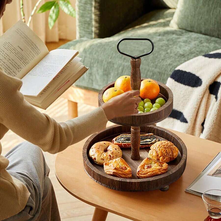 Double Tiered Wood Tray Stand Wooden Farmhouse Rustic 2 Tier Serving ...