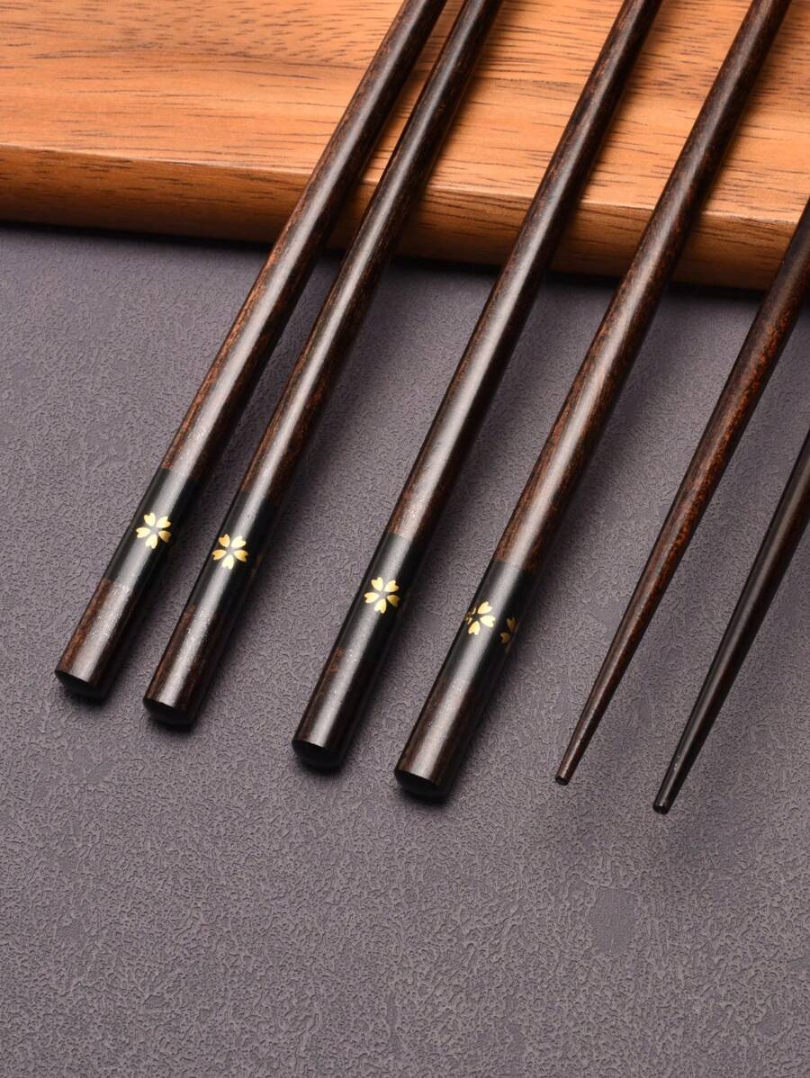 5 Pairs Japanese Style Craft Wood Chopsticks, Five-Petal-Flower Printed ...