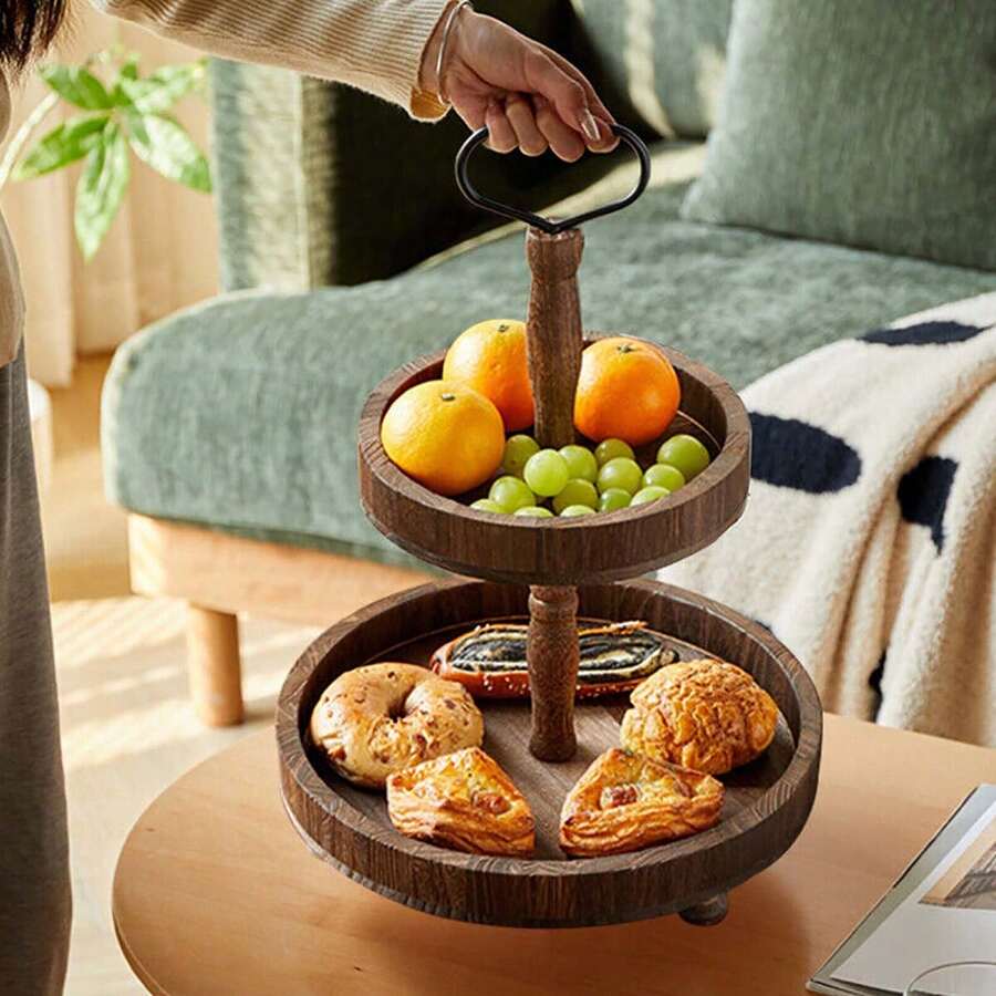 Double Tiered Wood Tray Stand Wooden Farmhouse Rustic 2 Tier Serving ...