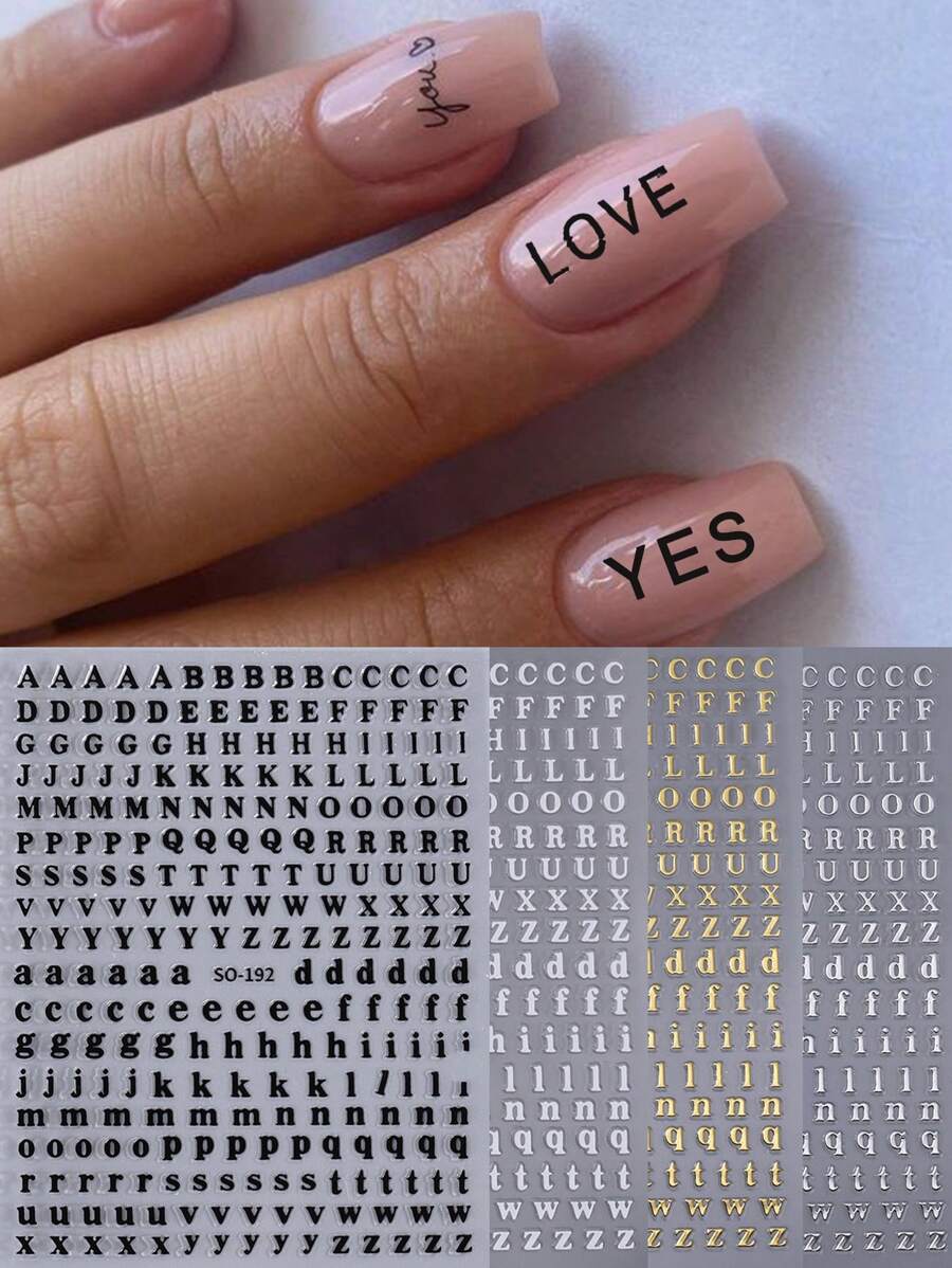 4pcs English Alphabet Nail Decals Stickers Mixed Gold Silver White ...