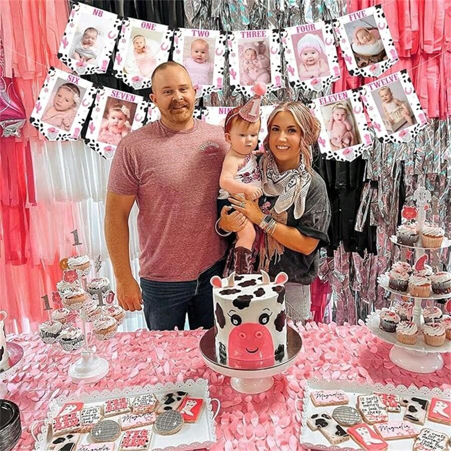 1pc Space Cowgirl 1st Birthday Photo Banner Pink, Western Disco Monthly ...