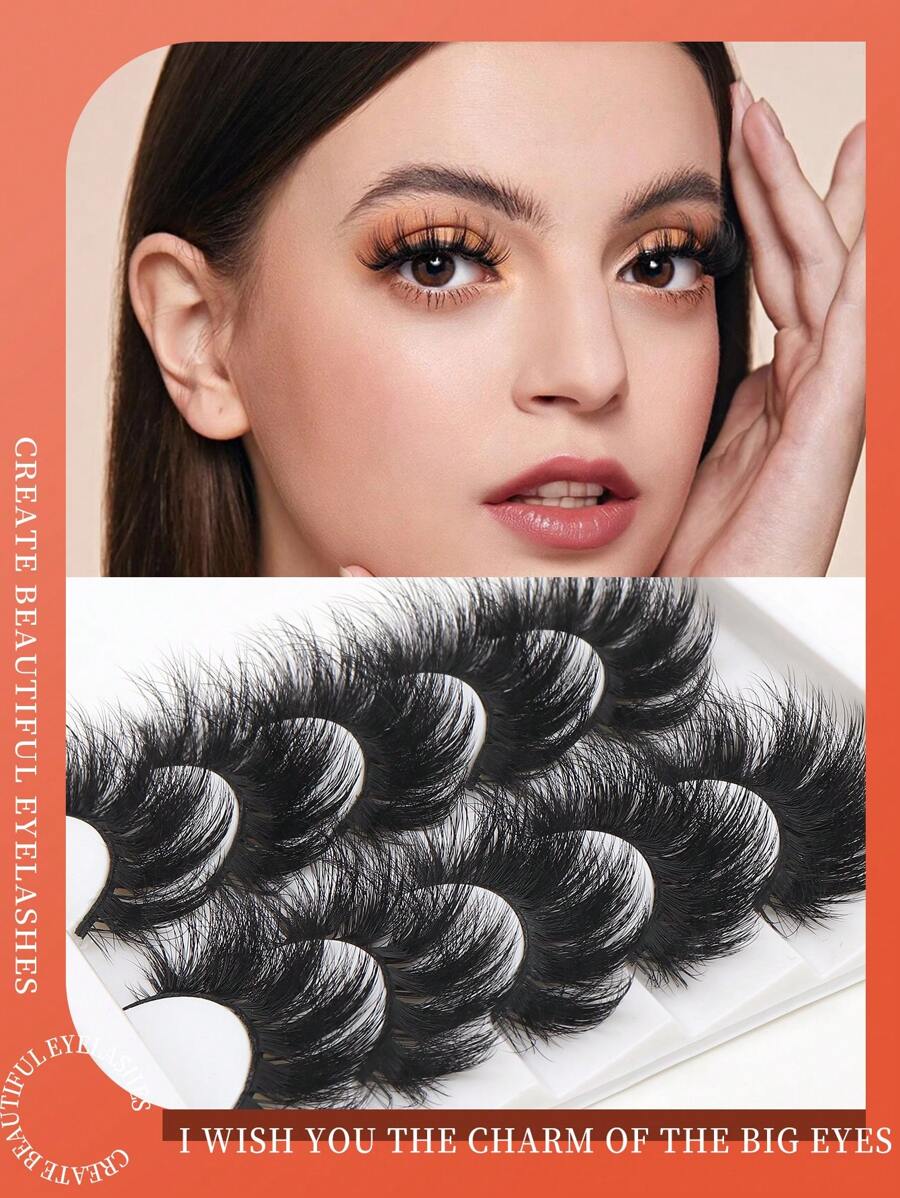 5 Pairs/Pack Thick Curly Fluffy Volume False Eyelashes Mink Lashes Cat-Eye Look Wispy Long 8D ...