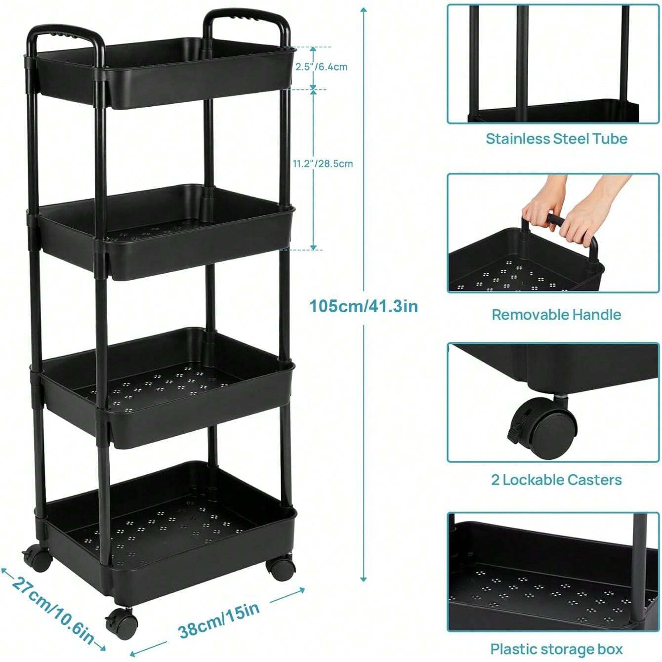 1 Set 4-Tier 3-Tier Rolling Cart With Wheels, Detachable Utility ...