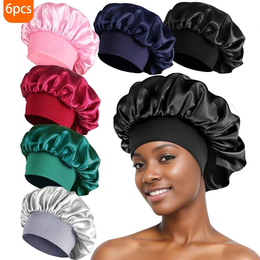 6 pièces Bonnet de dames unicolore couleur à large bord en satin ...