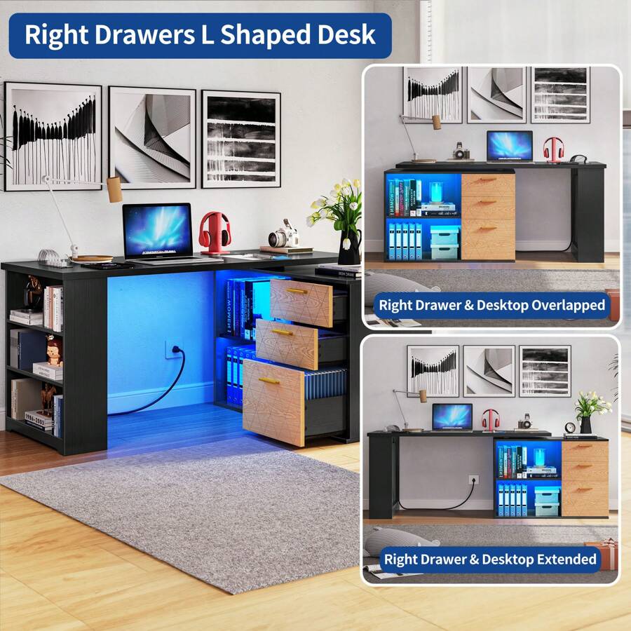 YITAHOME 360 Rotating L Shaped Desk With Drawers & Bookshelf, 59 ...
