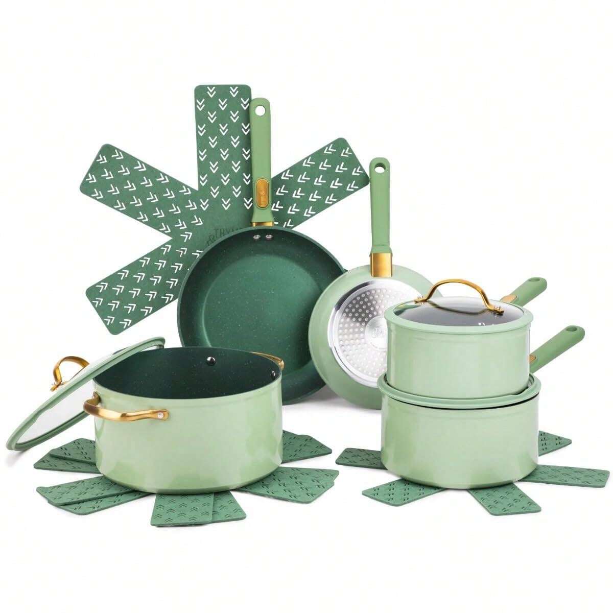 Non-Stick 12-Piece Granite Cookware Set, Green | SHEIN USA