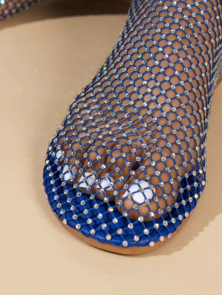Women Sandals With Rhinestone Decoration, Shiny Netted Flat Heel ...