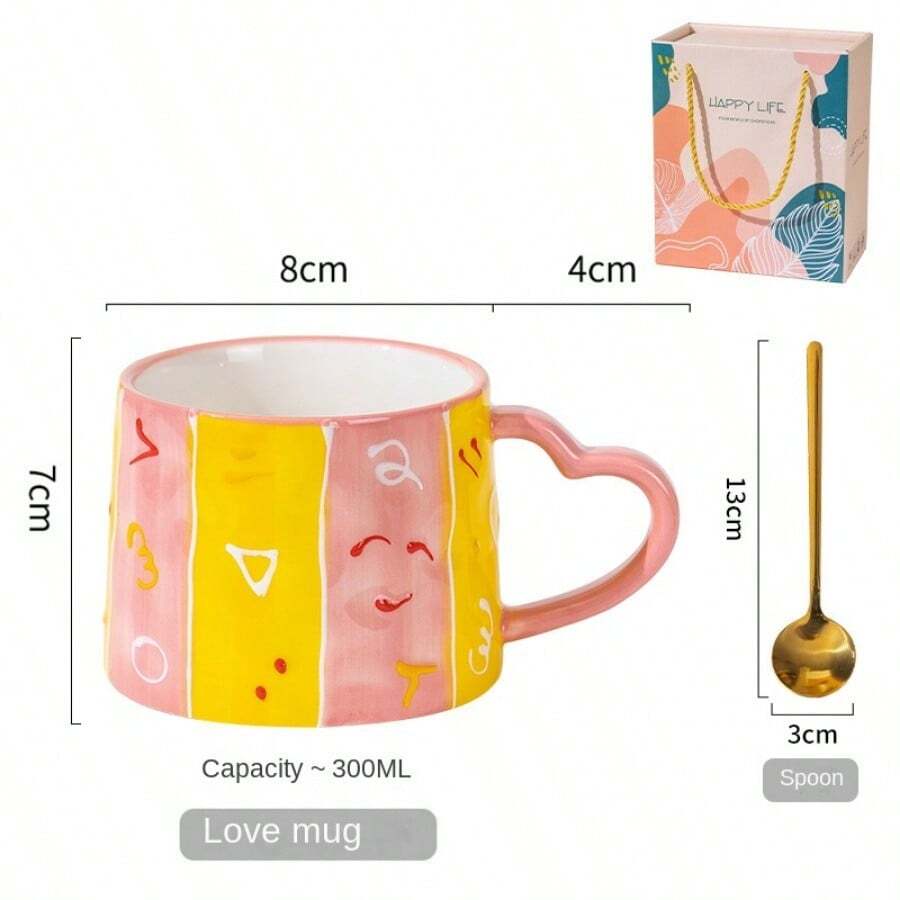 1 Cup+1 Spoon, Cute Girl Heart Ins Style Ceramic Mug, Creatively Hand ...