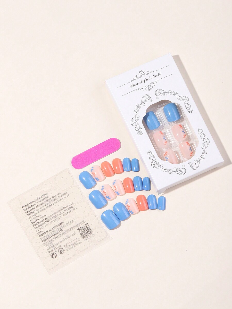 24pcs Short Square Press On Nails Orange&Blue Flowers Fake Nails ...