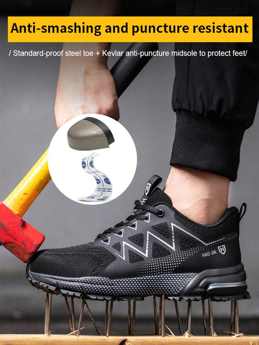 Men's Black Work Safety Shoes With Steel Toe Cap, Crush And Puncture ...